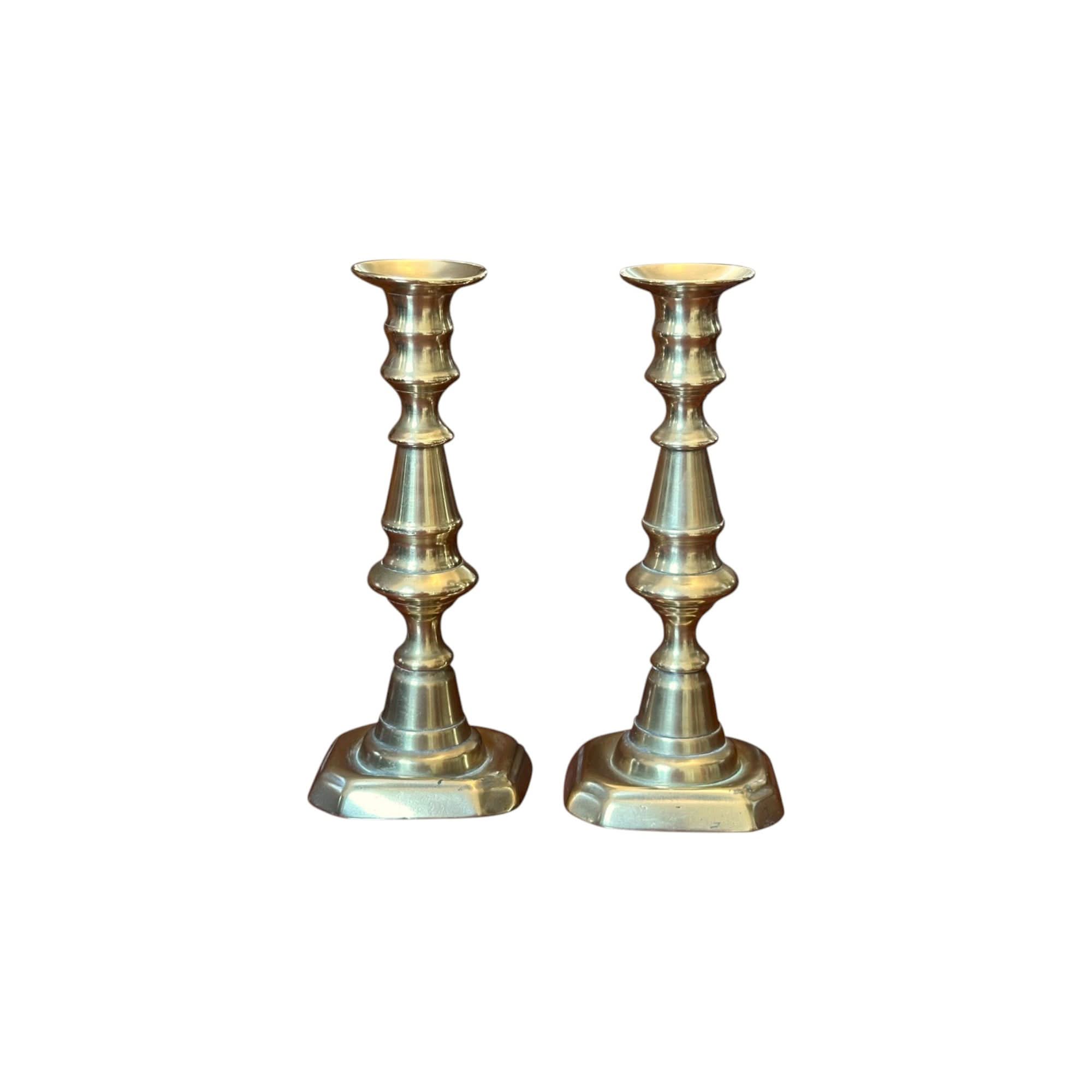 Shop Pair brass candlesticks with push up buttons c.1870 | Bazaa
